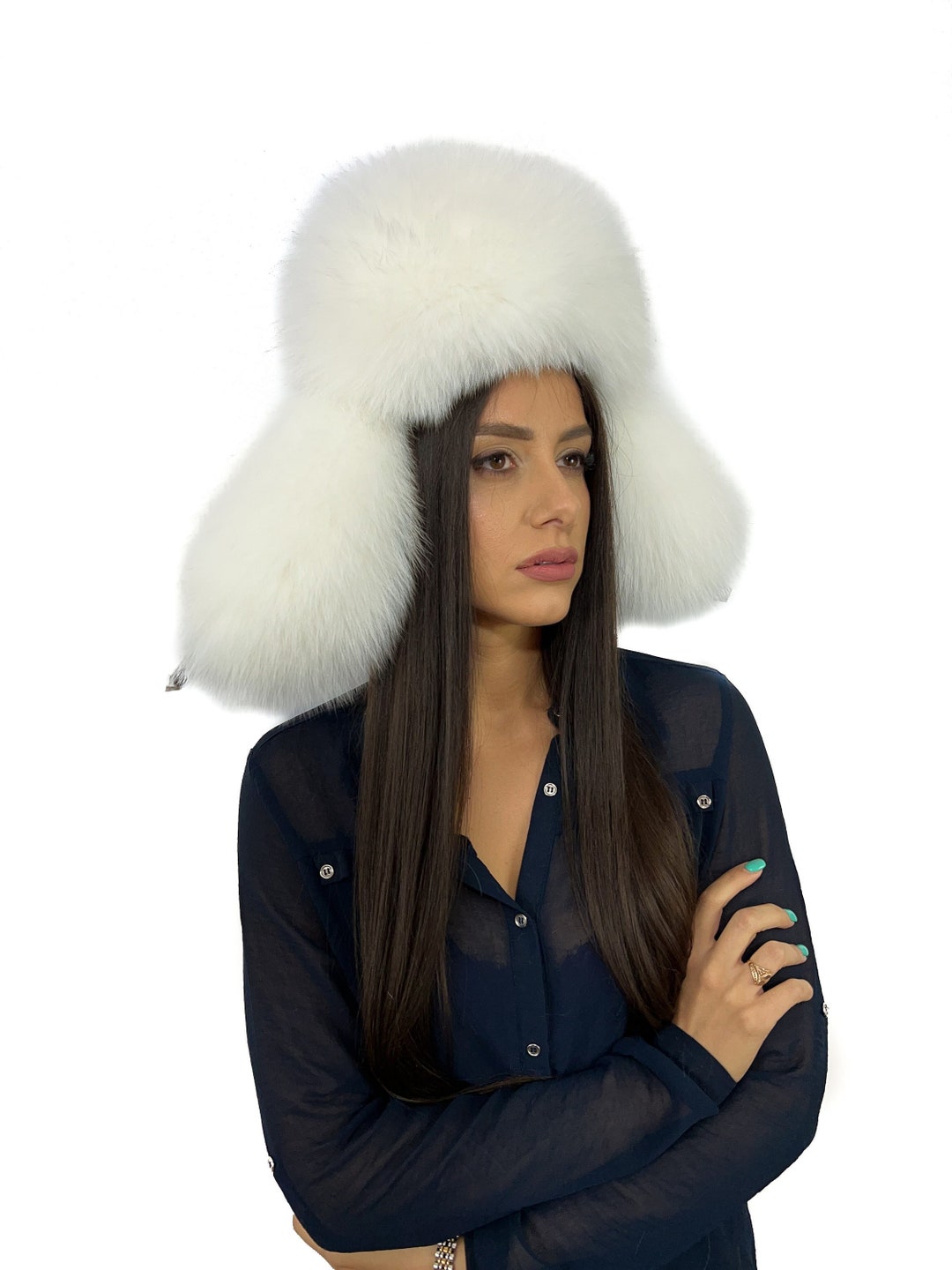 Arctic Fox & Mink Fur Trapper Hat Saga Furs Pure White Furs Ushanka ...