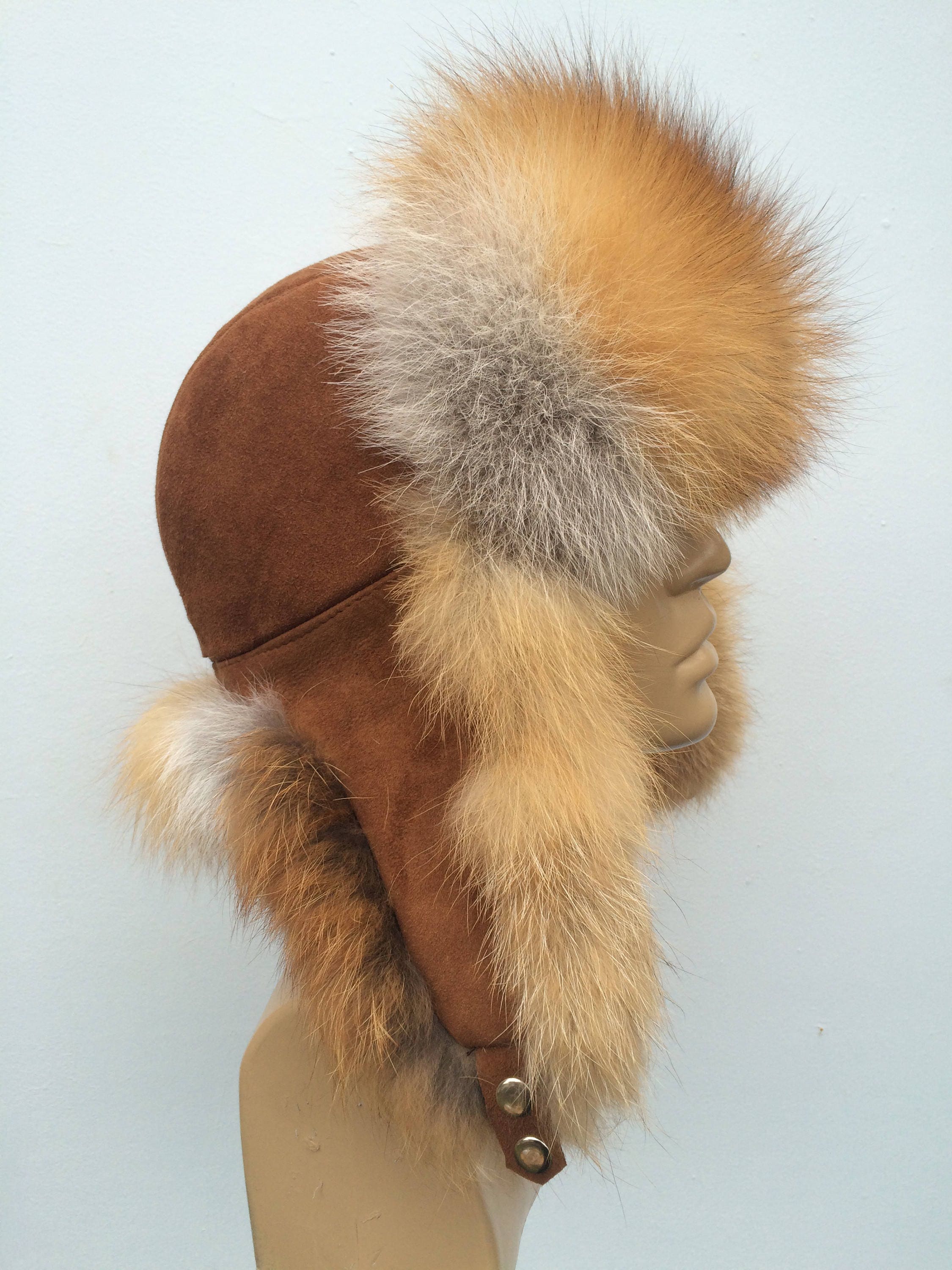 Red Fox Fur Trapper Hat With Suede for a Men's 22-23' | Etsy