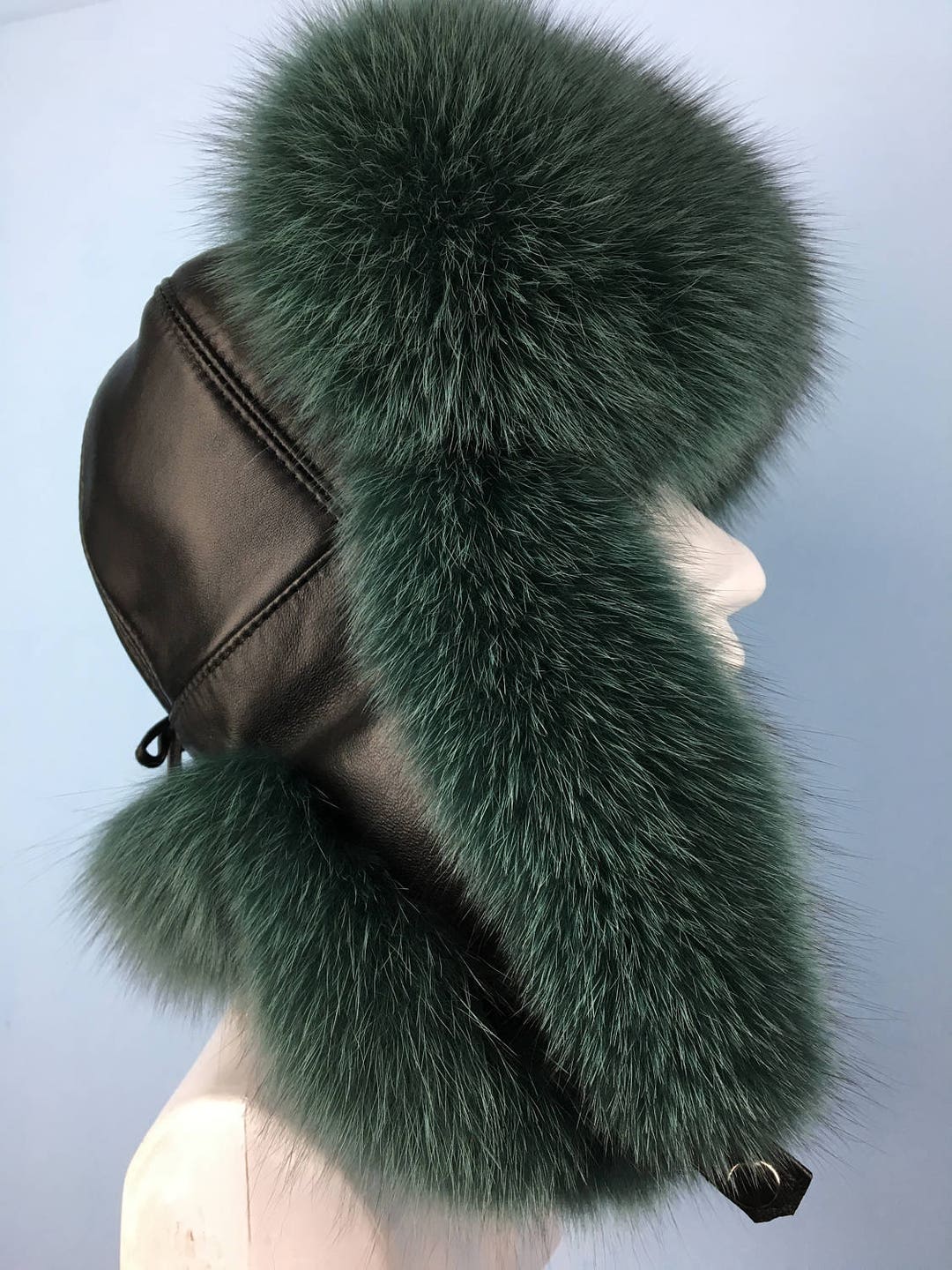 Finn Fox Fur Ushanka Hat With Leather, Saga Furs Green Fox Trapper ...