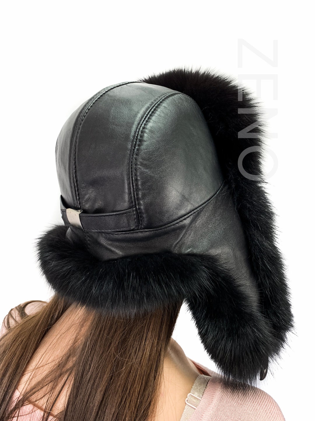 Fox Fur Trapper Hat With Leather Saga Furs Jet Black Fox Fur - Etsy