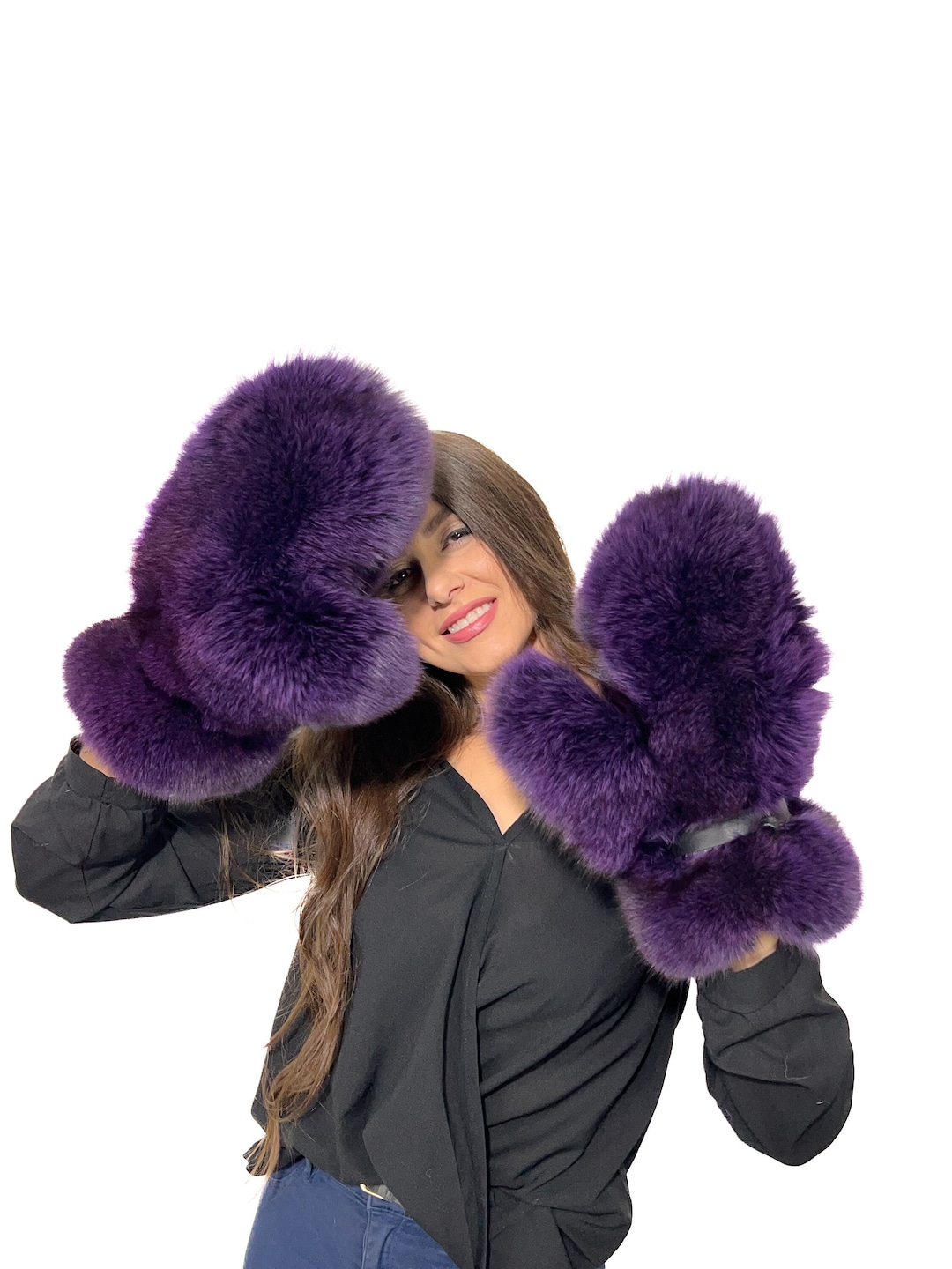 Fox Fur Mittens Dark Purple Color Saga Furs Full Fur Winter Gloves for ...