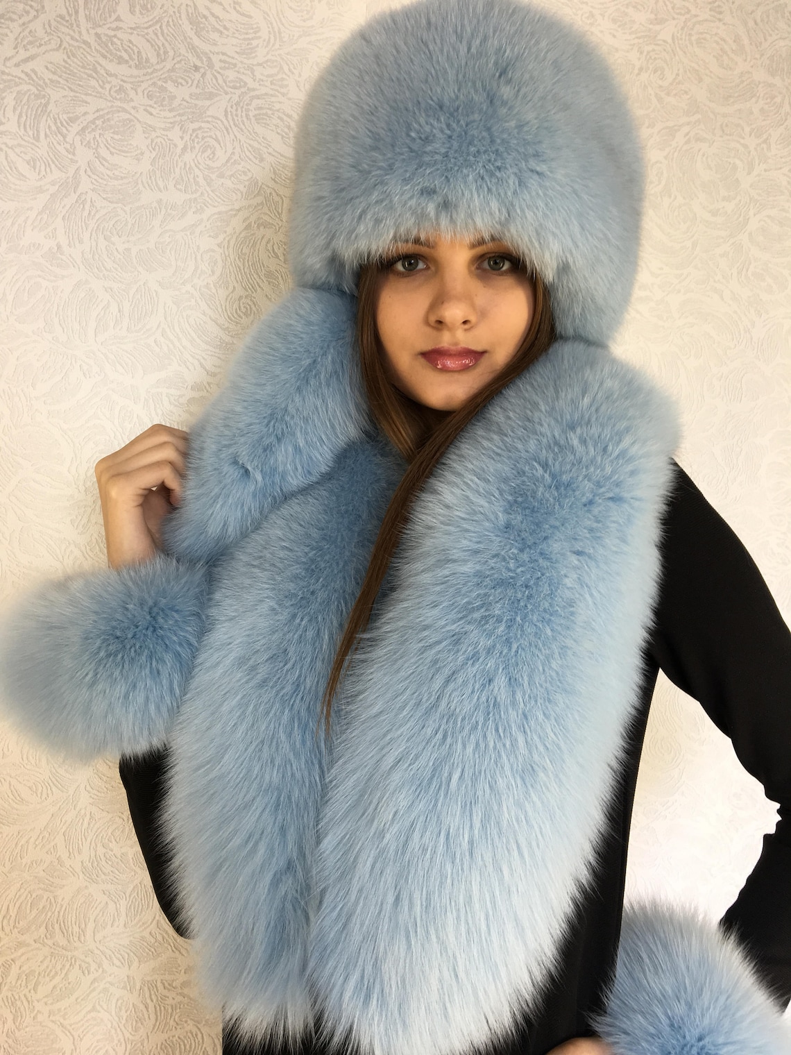 Arctic Fox Fur Collar 50' Full Fur Hat Light Blue Fur Set | Etsy