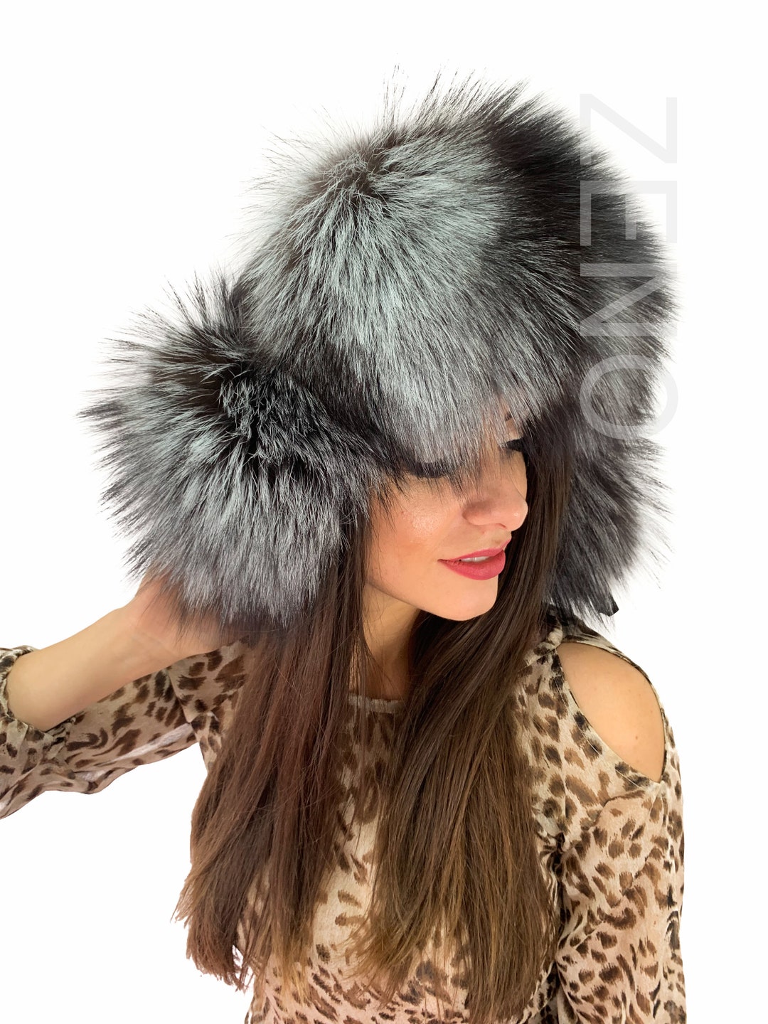 Silver Fox Fur Hat Saga Furs Natural Colors Fox Fur & Black Leather ...