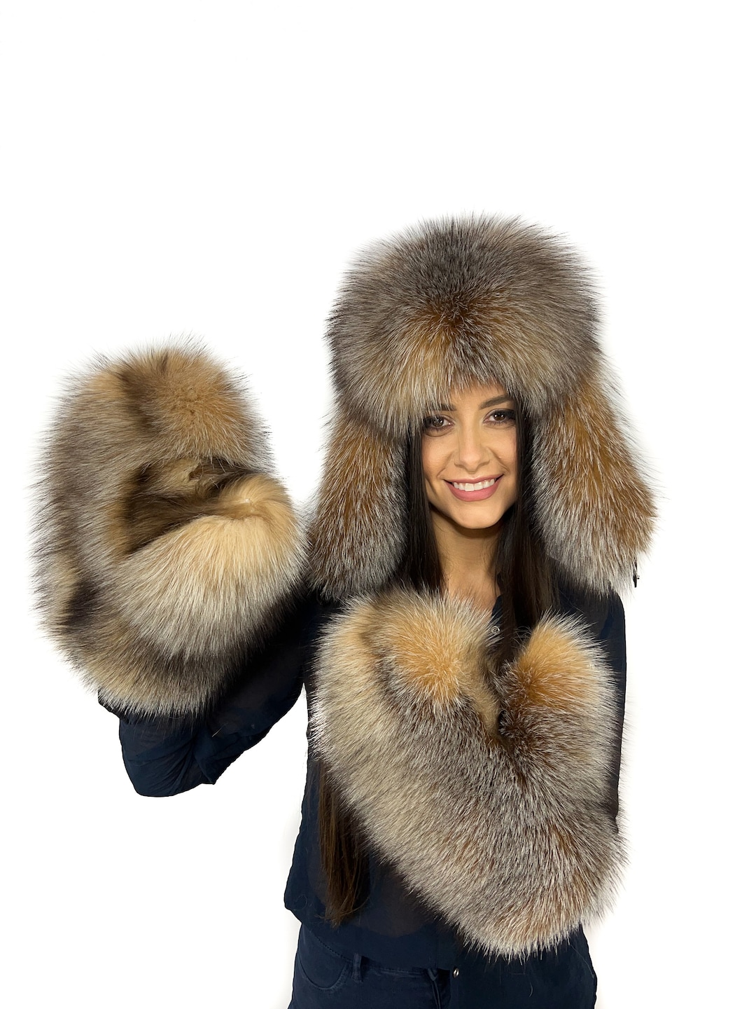 Giant Amber Blue Frost Fox Fur Mittens & Trapper Fur Hat Set - Etsy