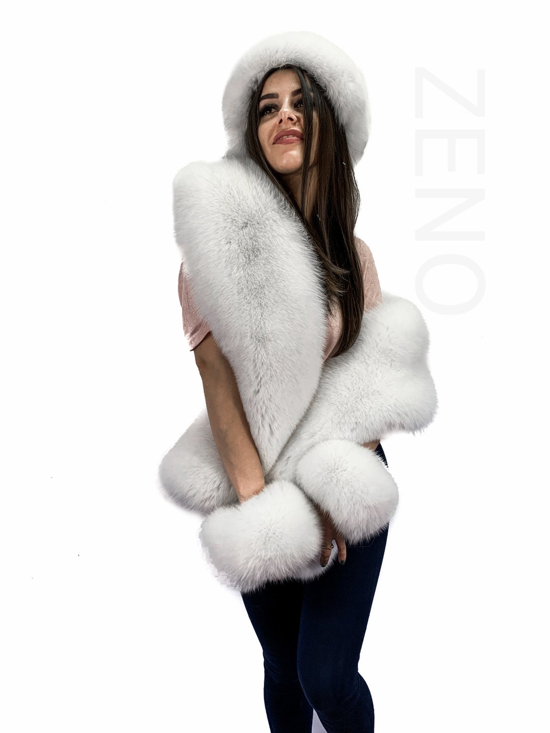 Double-sided Arctic Fox Fur Stole 75' 190cm Headband & Cuffs Pure White ...