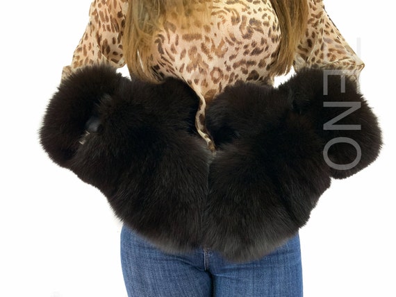 Fox Fur Mittens With Leather On Palms Saga Furs Chocolate | Etsy