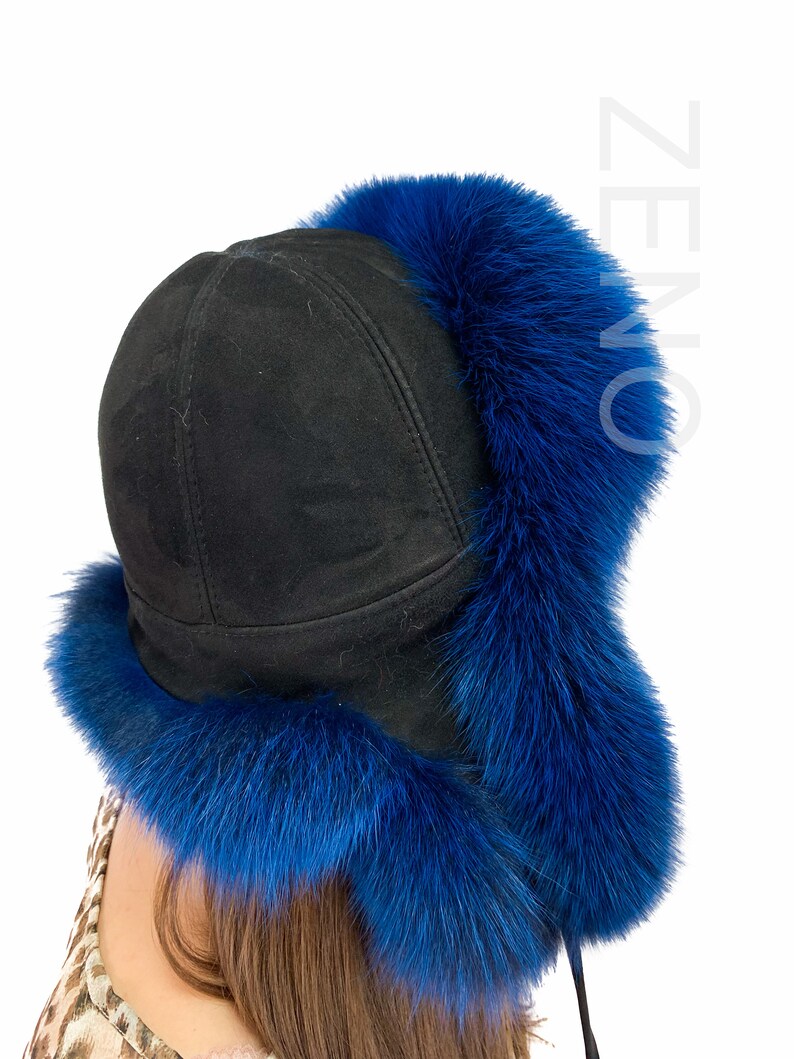 Blue Fox Fur Hat Suede Top Saga Furs Royal Blue Fur Hat - Etsy