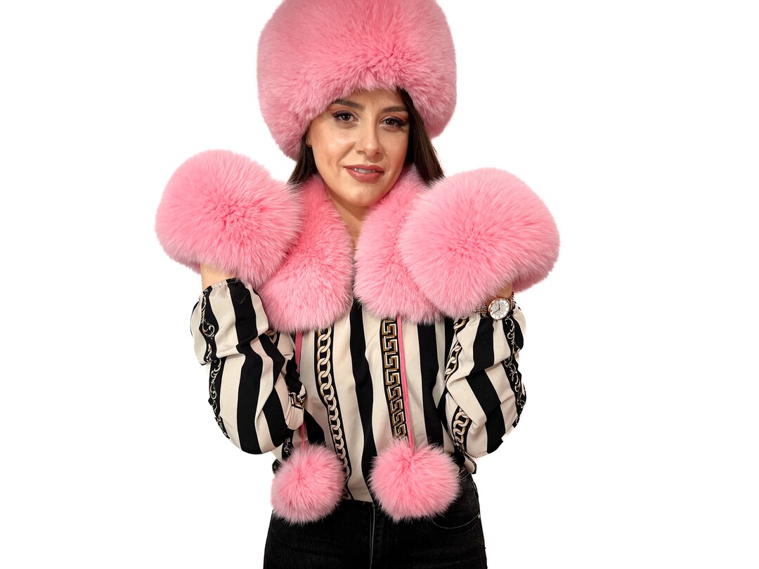 Arctic Fox Fur Hat, Scarf & Wristbands Set Saga Furs Light Pink Color ...