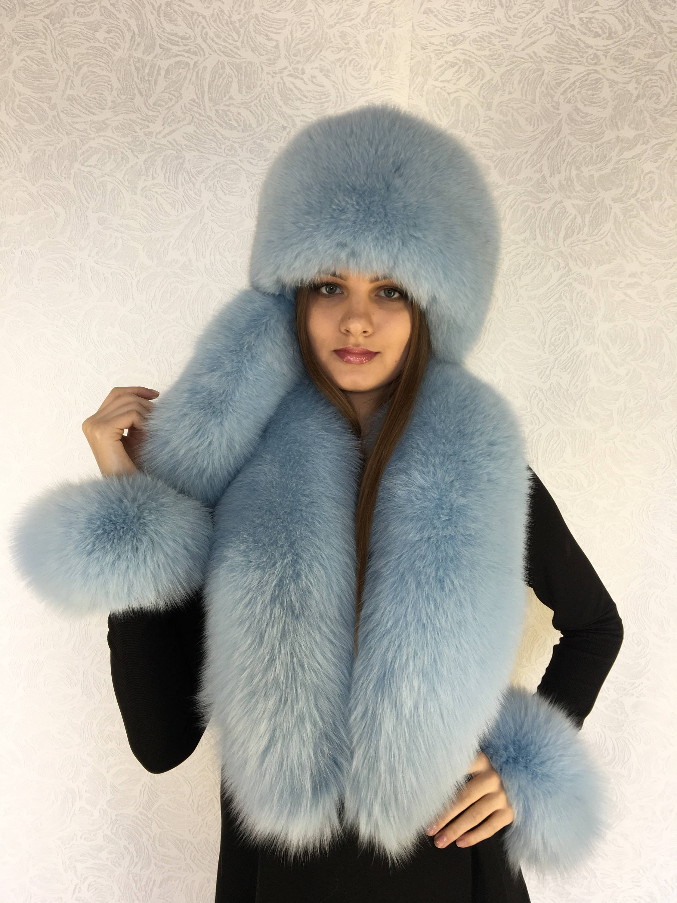 Arctic Fox Fur Collar 50' Full Fur Hat Light Blue Fur Set | Etsy
