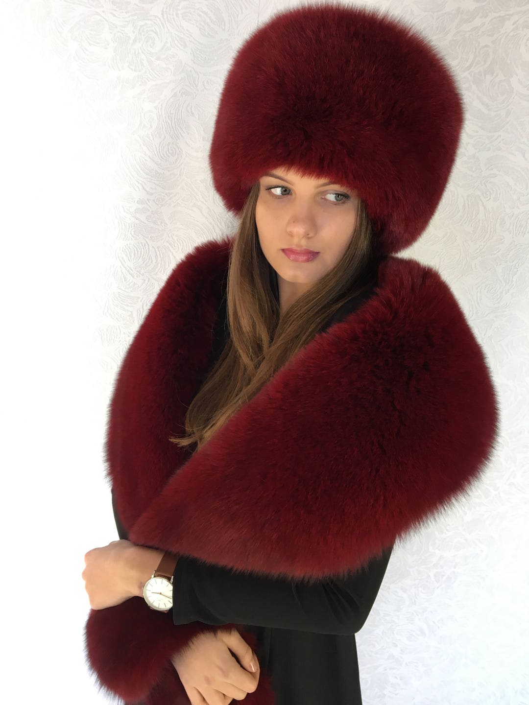 Fox Fur Stole 70' & Full Fur Hat Set Royal Dark Red Color - Etsy