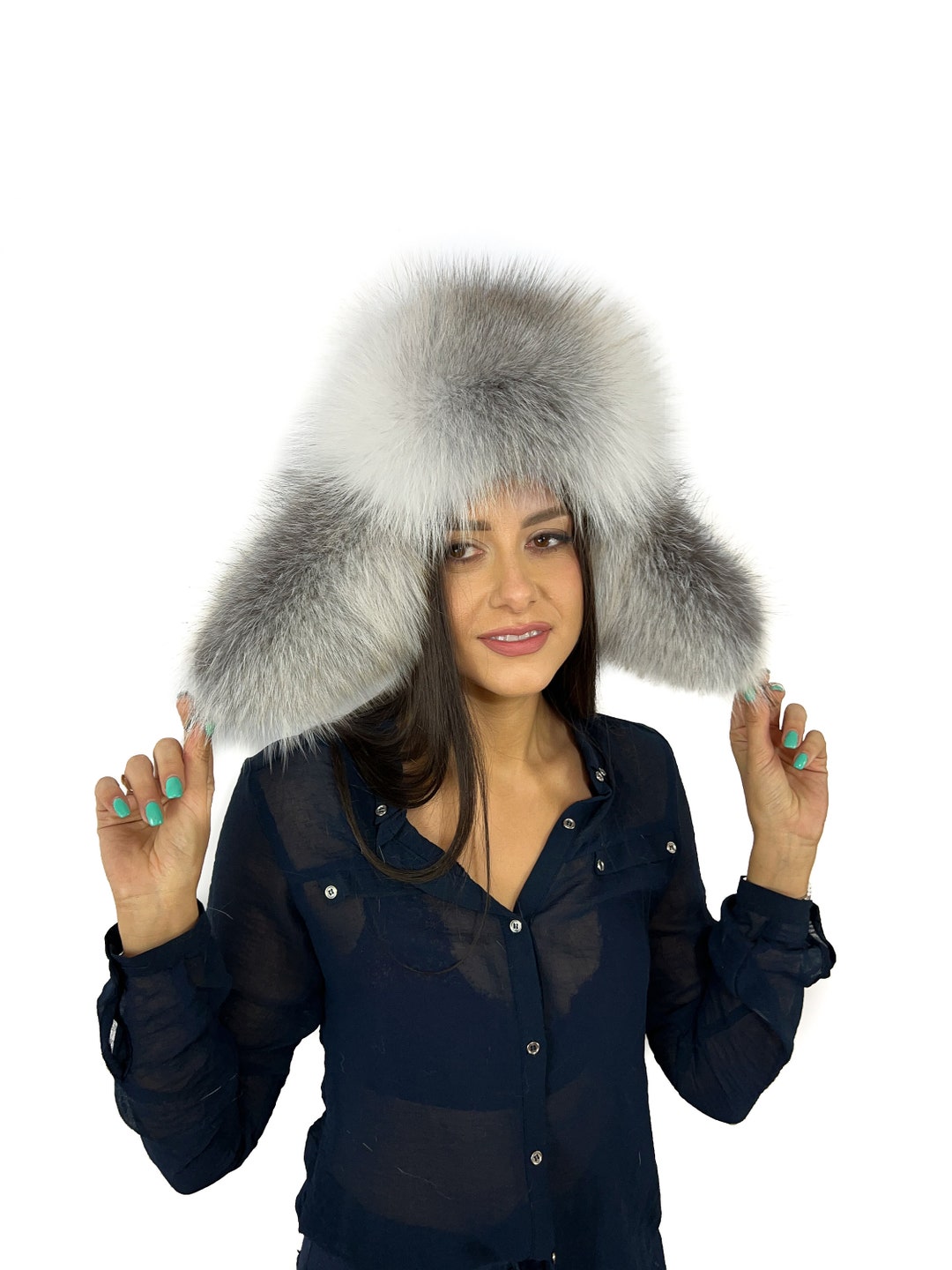 Shadow Blue Frost Fox Fur Trapper Hat With Leather Saga Furs Aviator ...