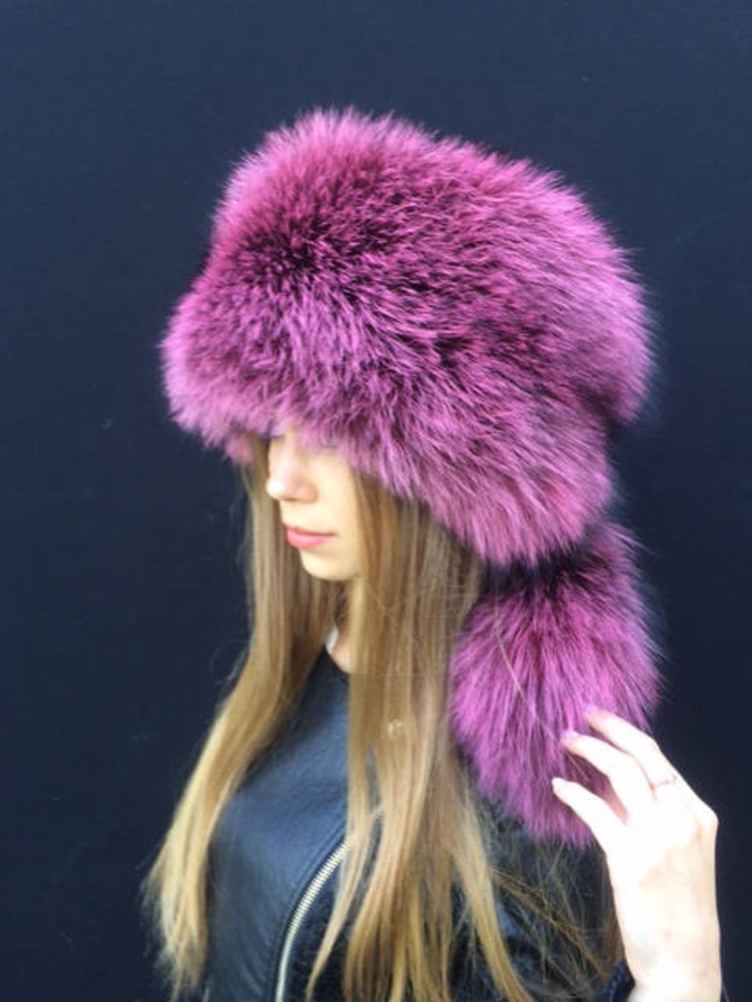 Silver Fox Fur Fur Hat Purple Pink Color All Fur Detachable Tail - Etsy