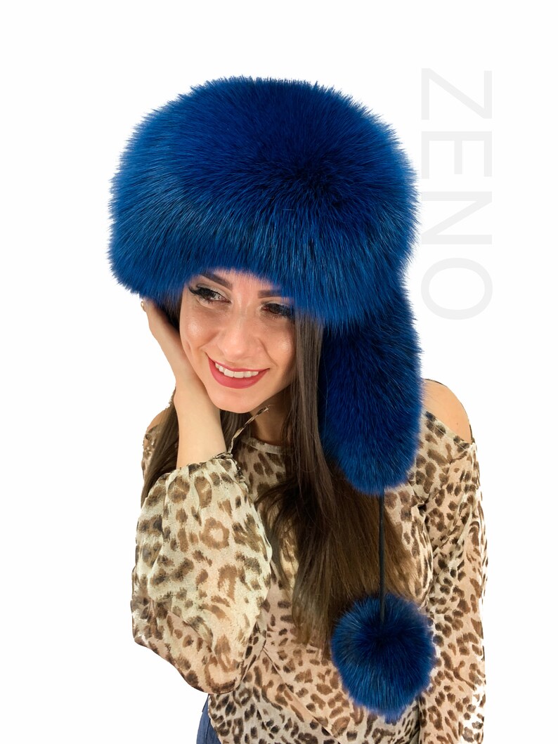 Blue Fox Fur Hat Suede Top Saga Furs Royal Blue Fur Hat - Etsy