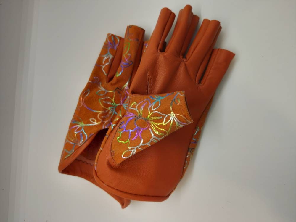 Orange Leather fingerless gloves Women's short style | Etsy