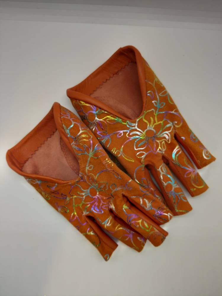 Orange Leather fingerless gloves Women's short style | Etsy