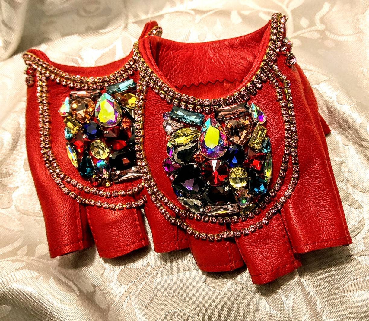 Red Genuine Leather Gloves With Beads Application. Opera Half Finger's ...