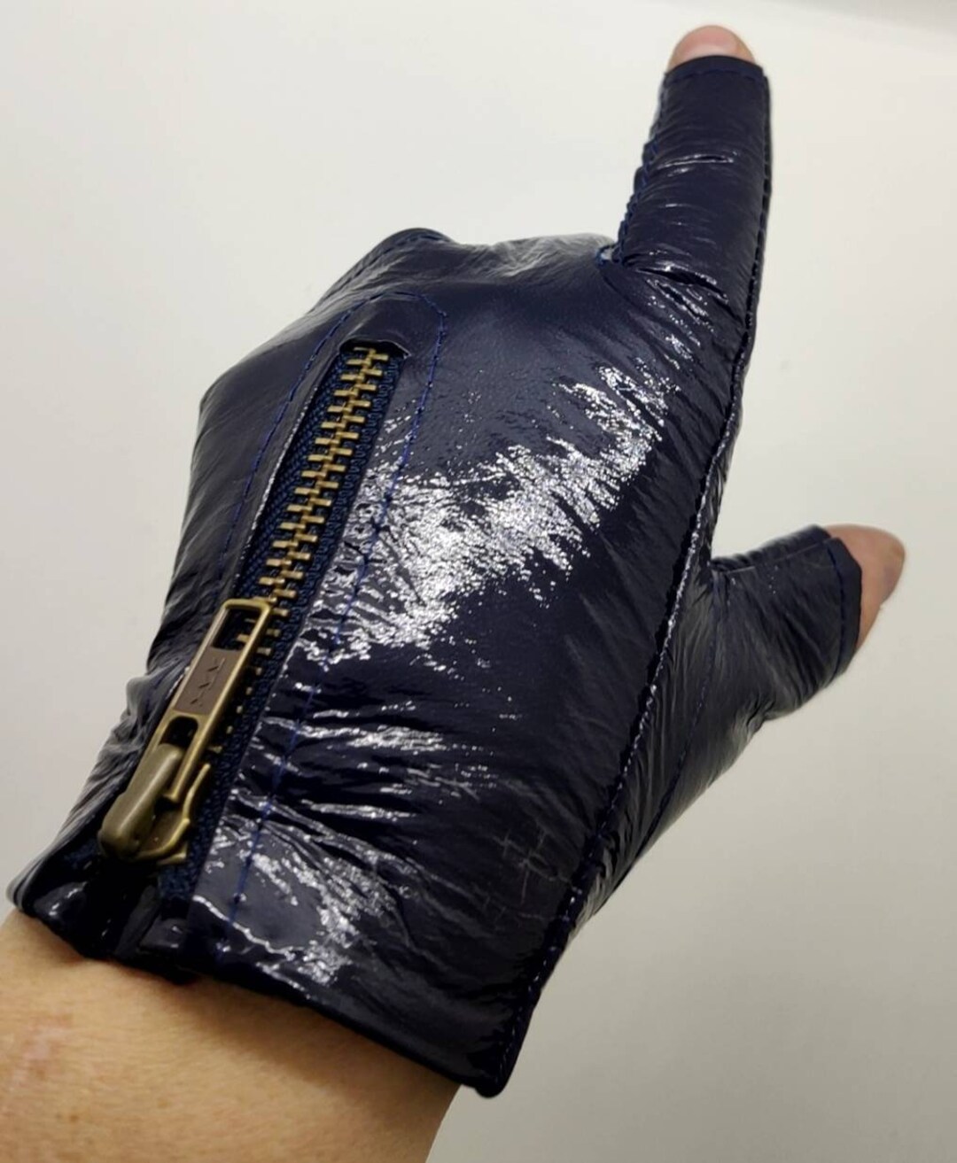 Blue Lacquered Genuine Leather Gloves Fingerless With Zipper for Women ...