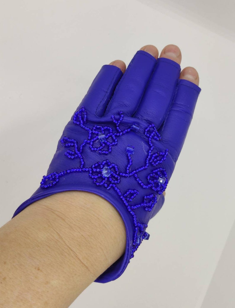 Blue Leather Fingerless Gloves Embroidered With Beads - Etsy