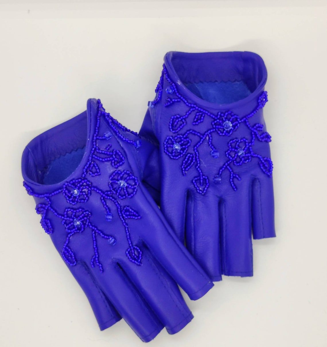 Blue Leather Fingerless Gloves Embroidered With Beads - Etsy