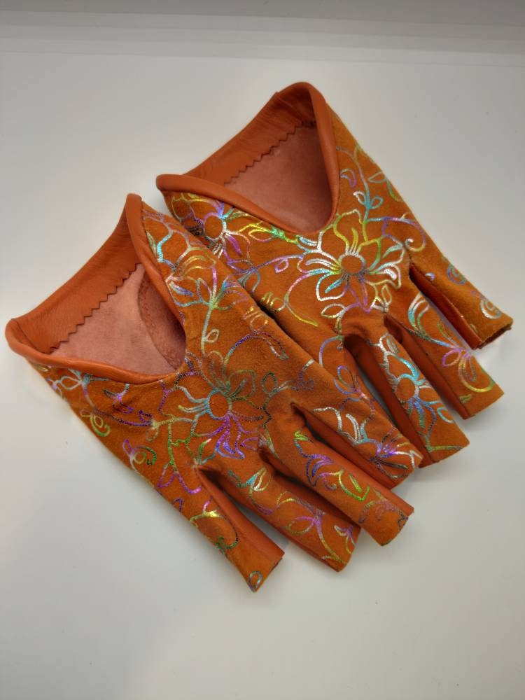 Orange Leather fingerless gloves Women's short style | Etsy