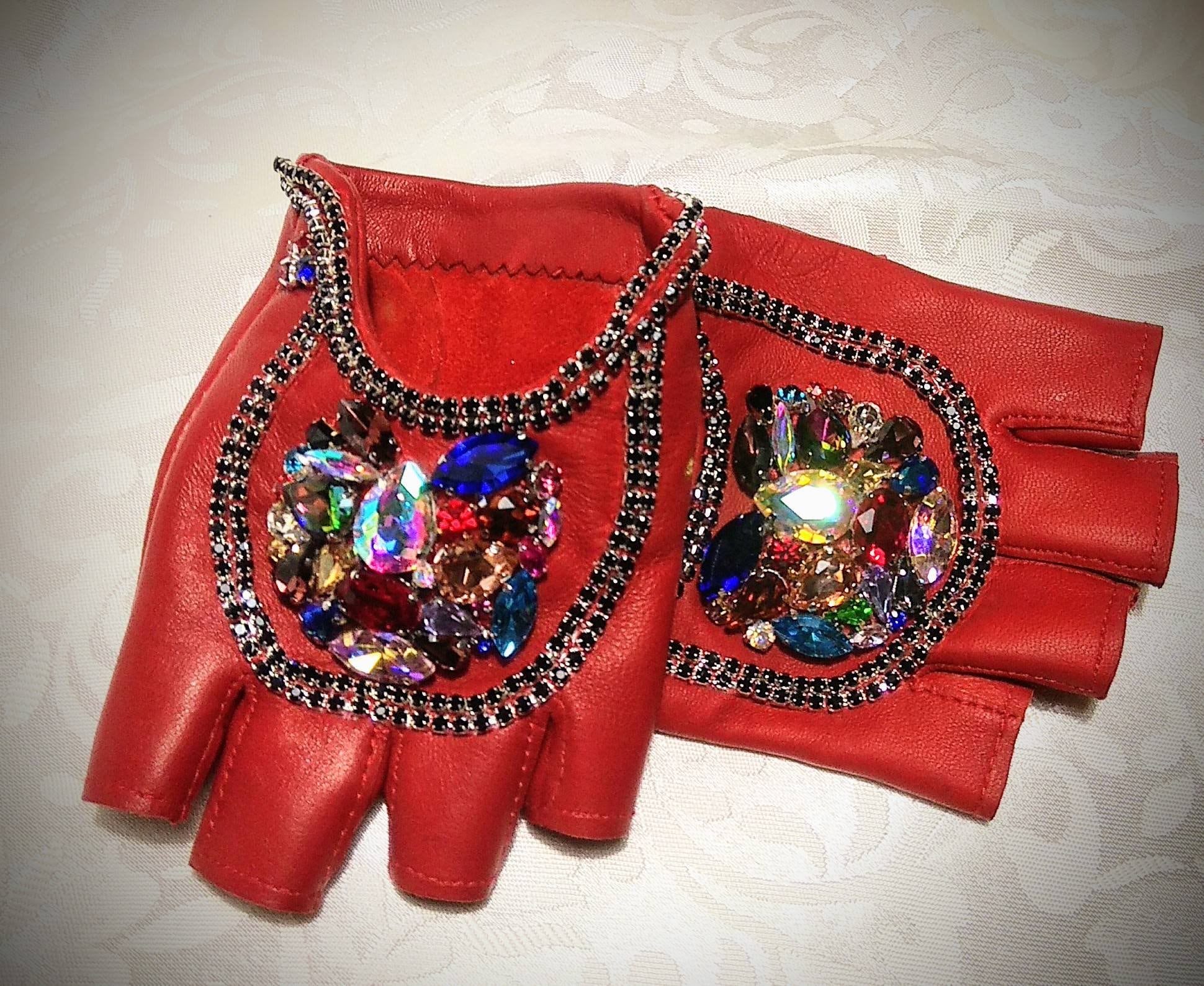 Red Genuine Leather Gloves With Beads Application. Opera Half Finger's ...