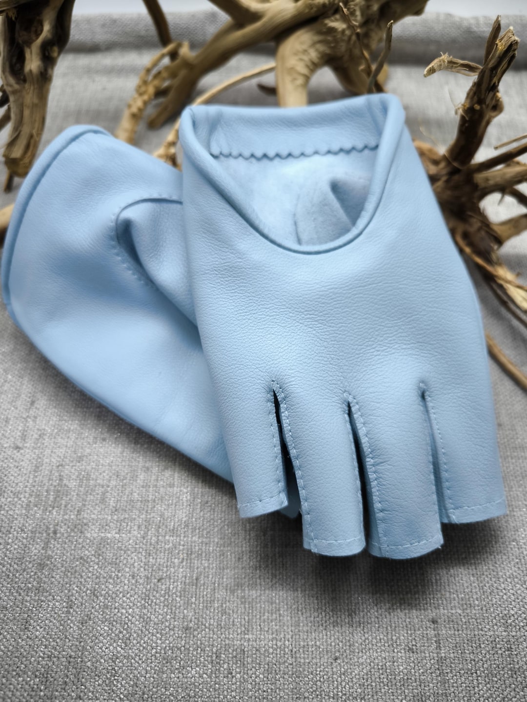 Light Blue Sky Blue Leather Gloves Fingerless Star Hollow Gloves Party ...