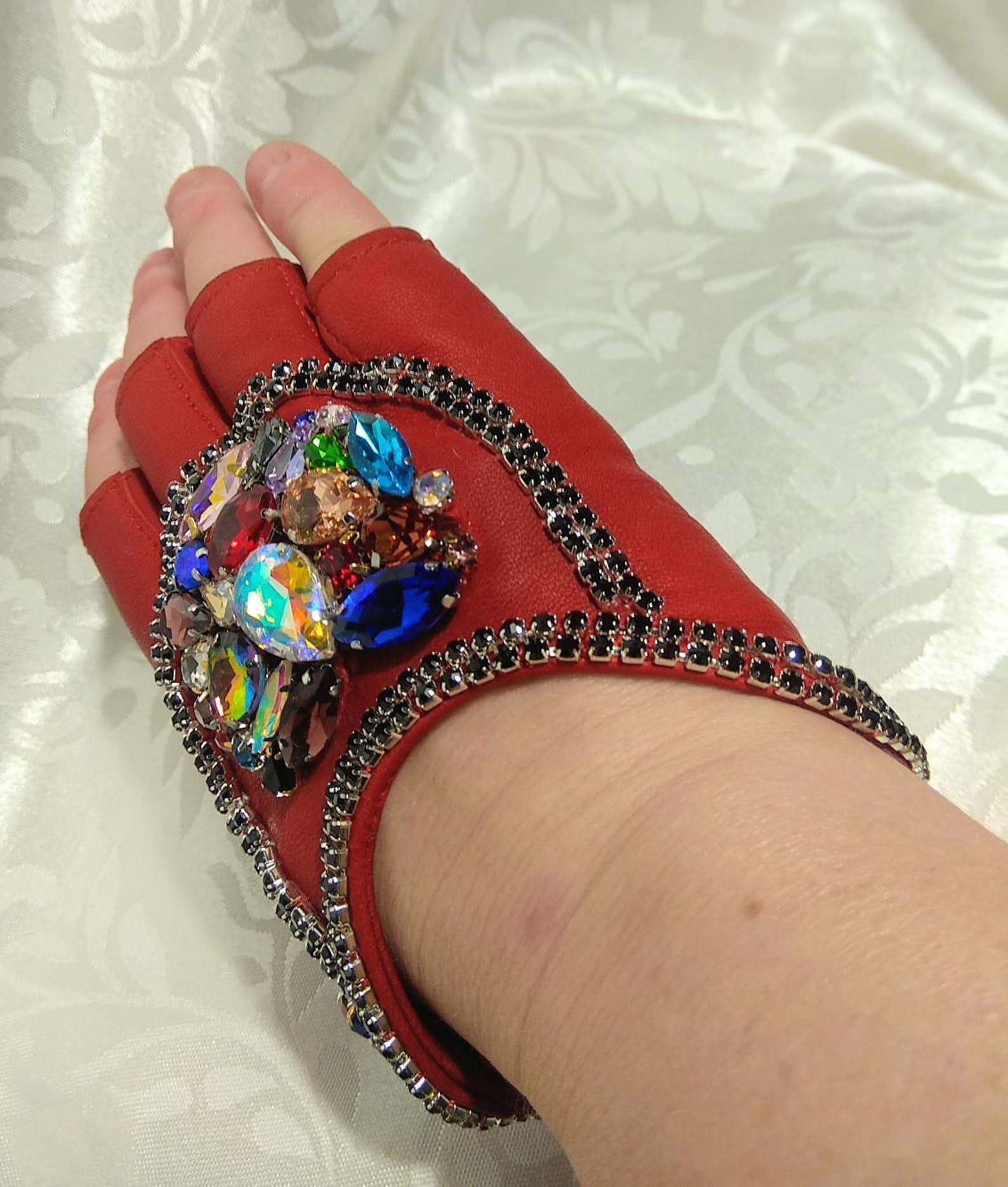 Red Genuine Leather Gloves With Beads Application. Opera Half Finger's ...