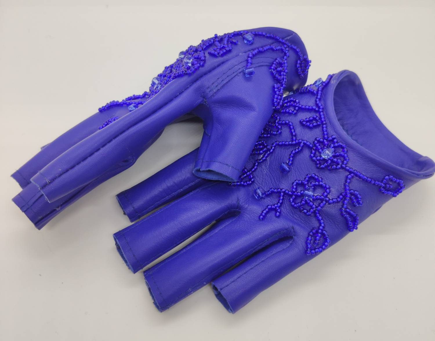 Blue Leather Fingerless Gloves Embroidered With Beads Women's Short ...