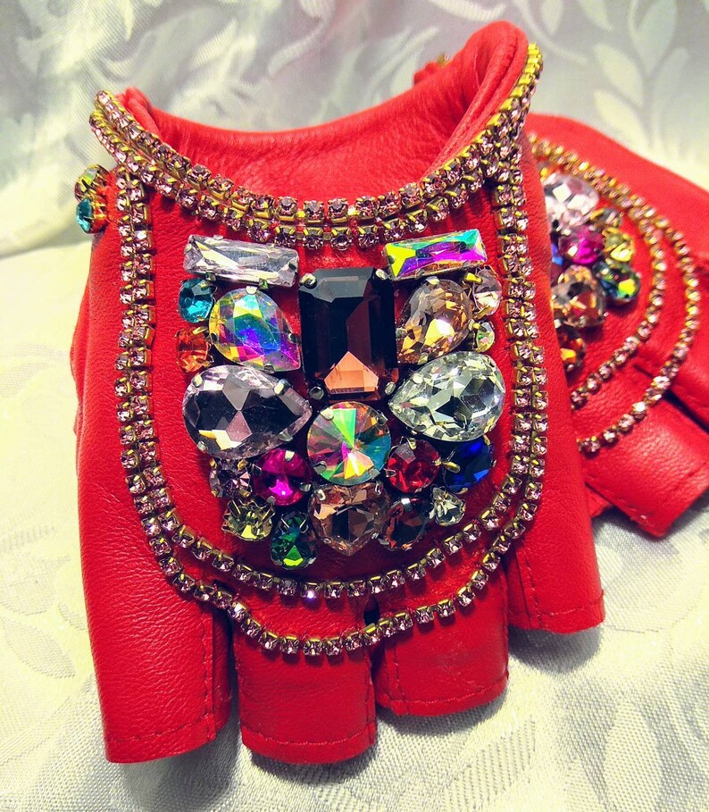 Red Genuine Leather Gloves With Beads Application. Opera Half Finger's ...