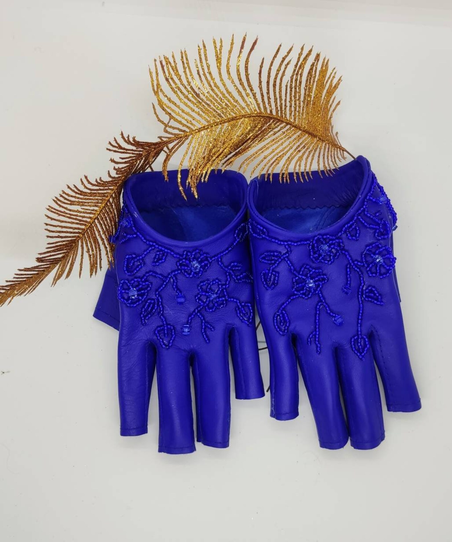 Blue Leather Fingerless Gloves Embroidered With Beads - Etsy
