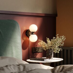 Mia Mid Century Modern Plug-in Wall Sconce Navy Blue Sphere Milk Glass ...