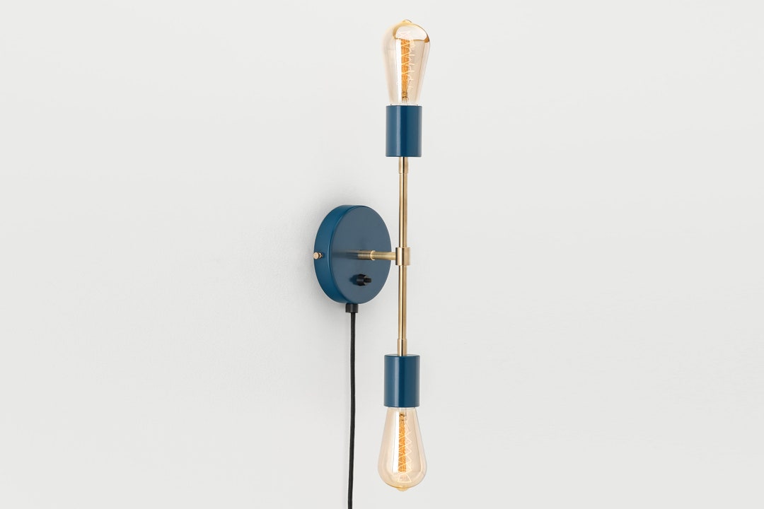 Liam Wall Sconce Navy Blue Plug-in On/off Switch Mid Century Raw Brass ...