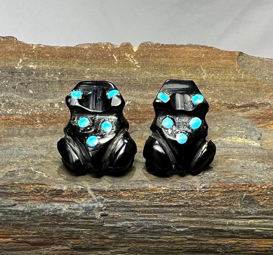 Zuni Frog Fetish Jet With Turquoise Post Earrings Leroy Ukestine - Etsy