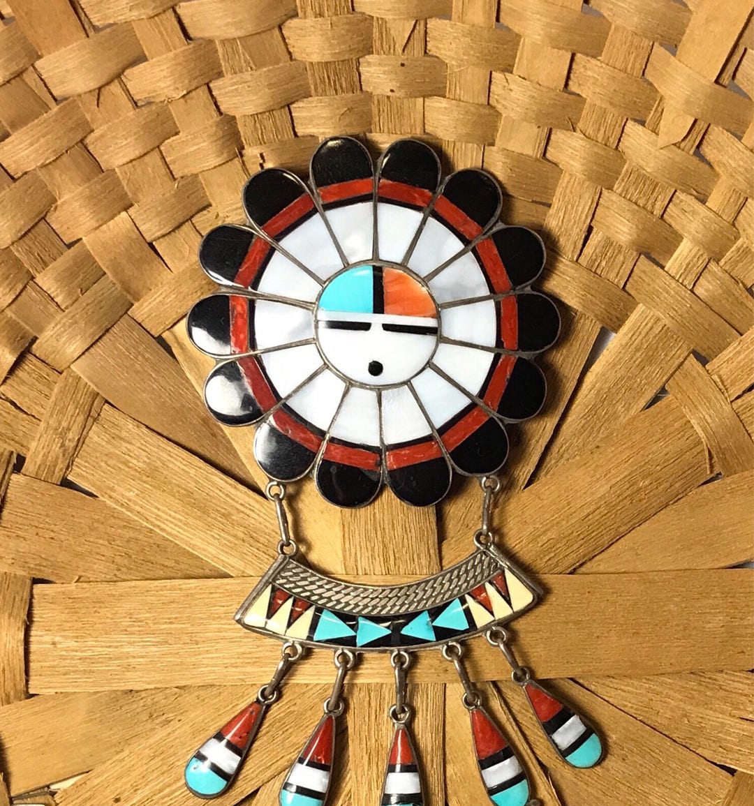 Vintage Zuni Sun Mask Stone & Shell Inlay Pin / Pendant - Fred Bowannie ...