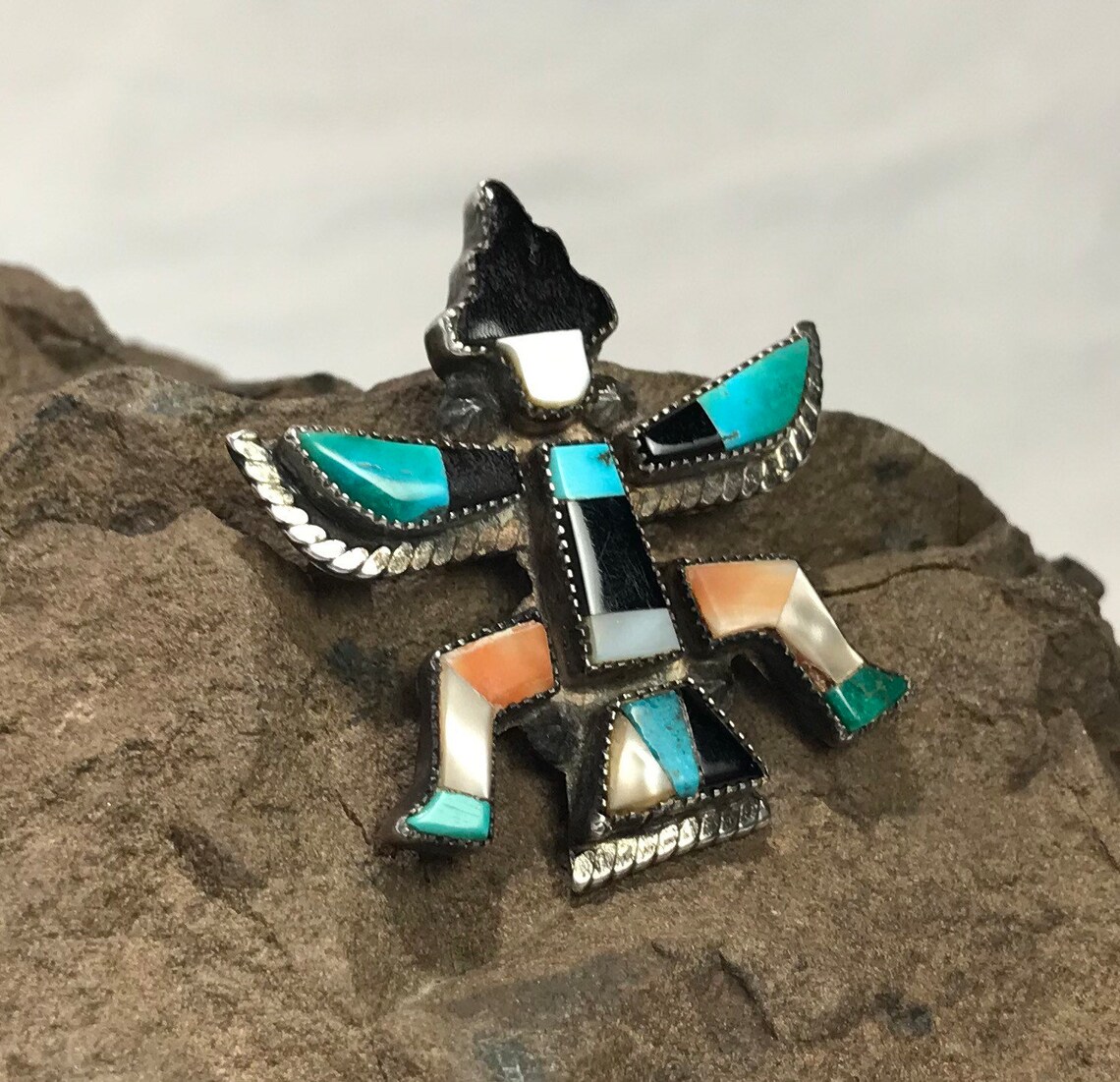 Vintage Zuni Knifewing Inlay of Turquoise Jet and Mother of Pearl ...