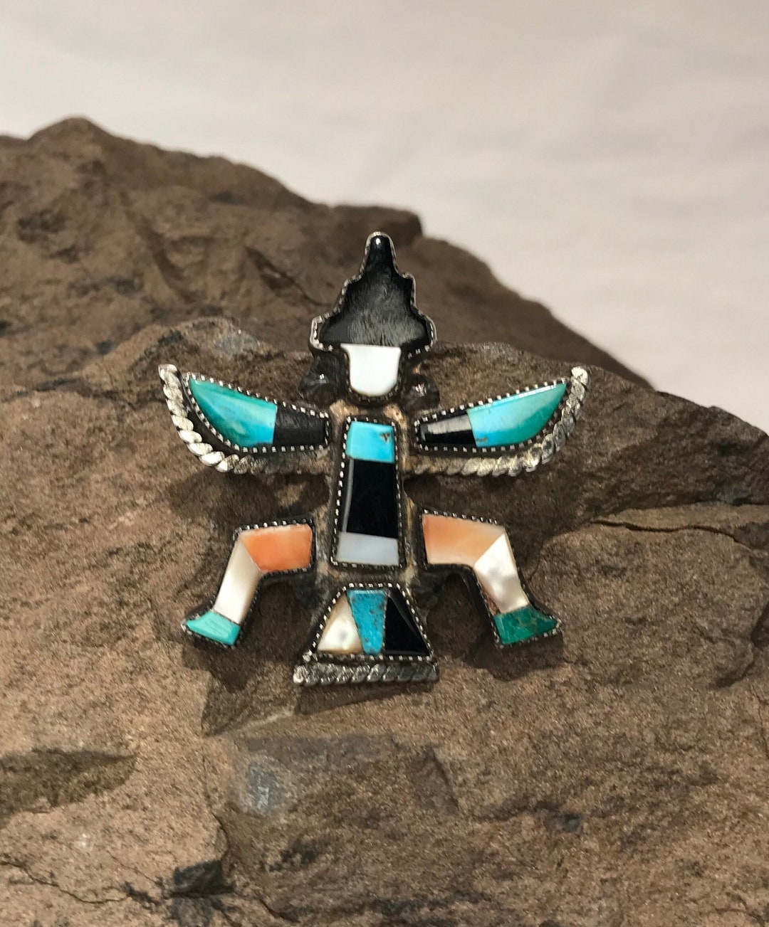 Vintage Zuni Knifewing Inlay of Turquoise Jet and Mother of Pearl ...