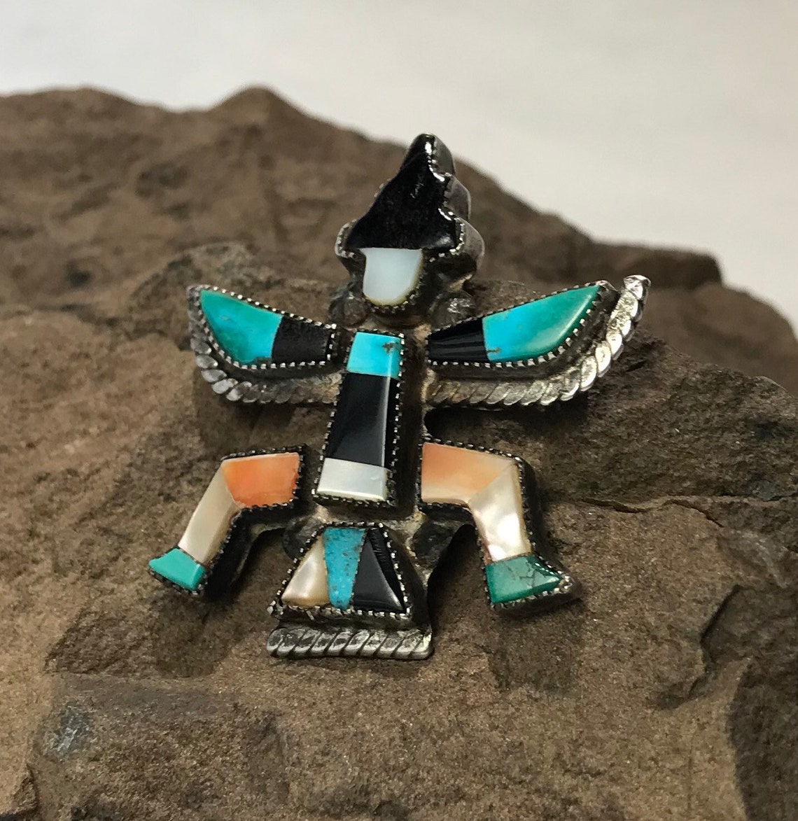 Vintage Zuni Knifewing Inlay of Turquoise Jet and Mother of Pearl ...