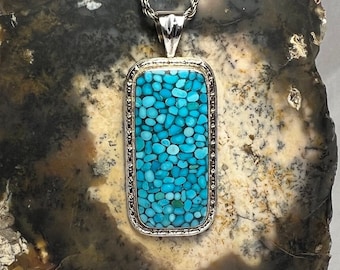Turquoise and Coral Chip Inlay Sterling Silver Necklace Pendant + - Etsy