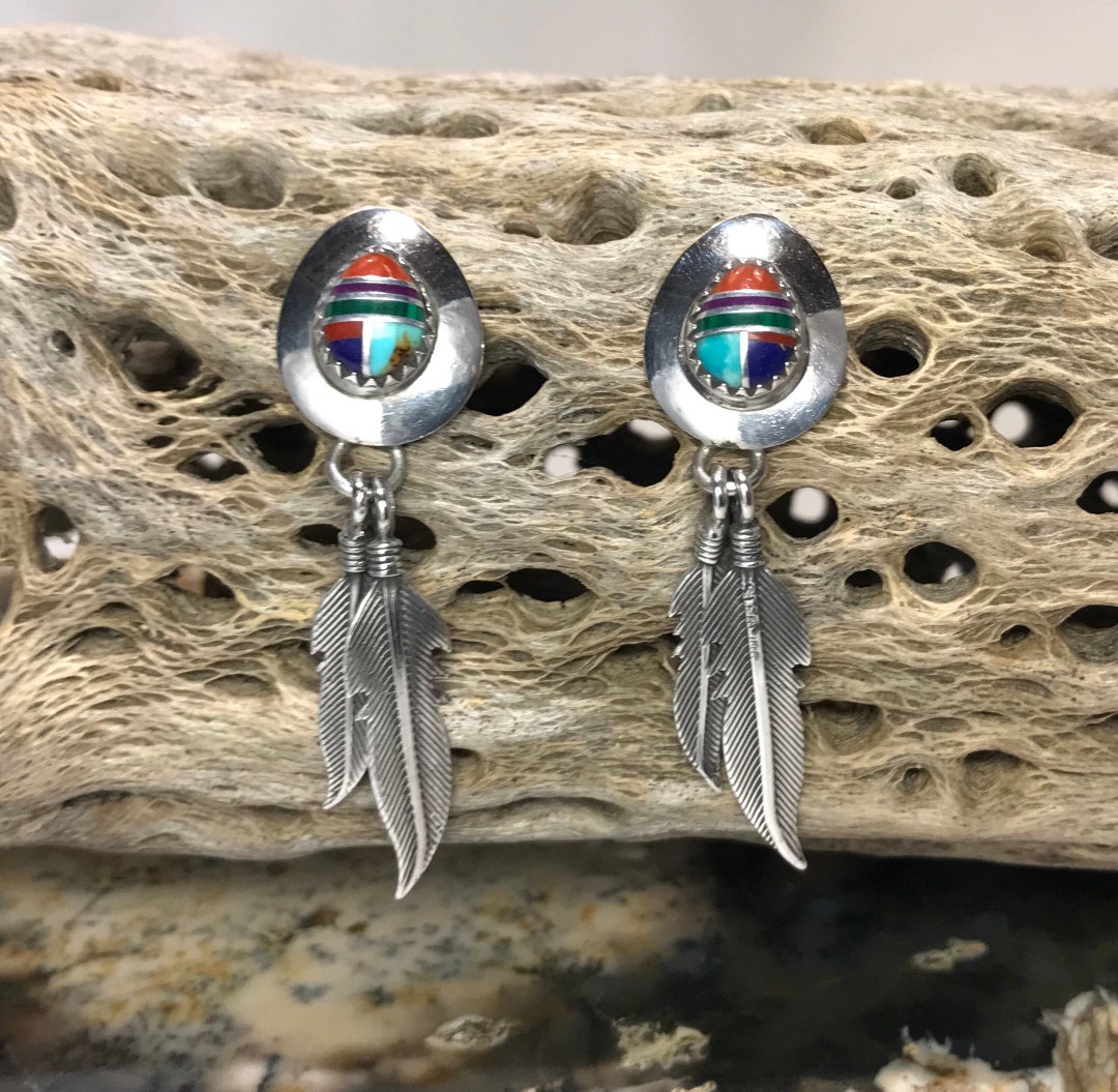Southwest Native American Multi-stone Inlay and Feather Design Sterling ...