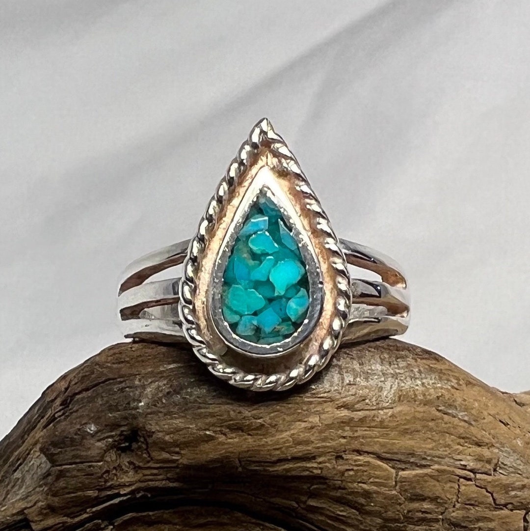 Vintage Pear Shaped Turquoise Chip Inlay Design Sterling Silver Ring ...