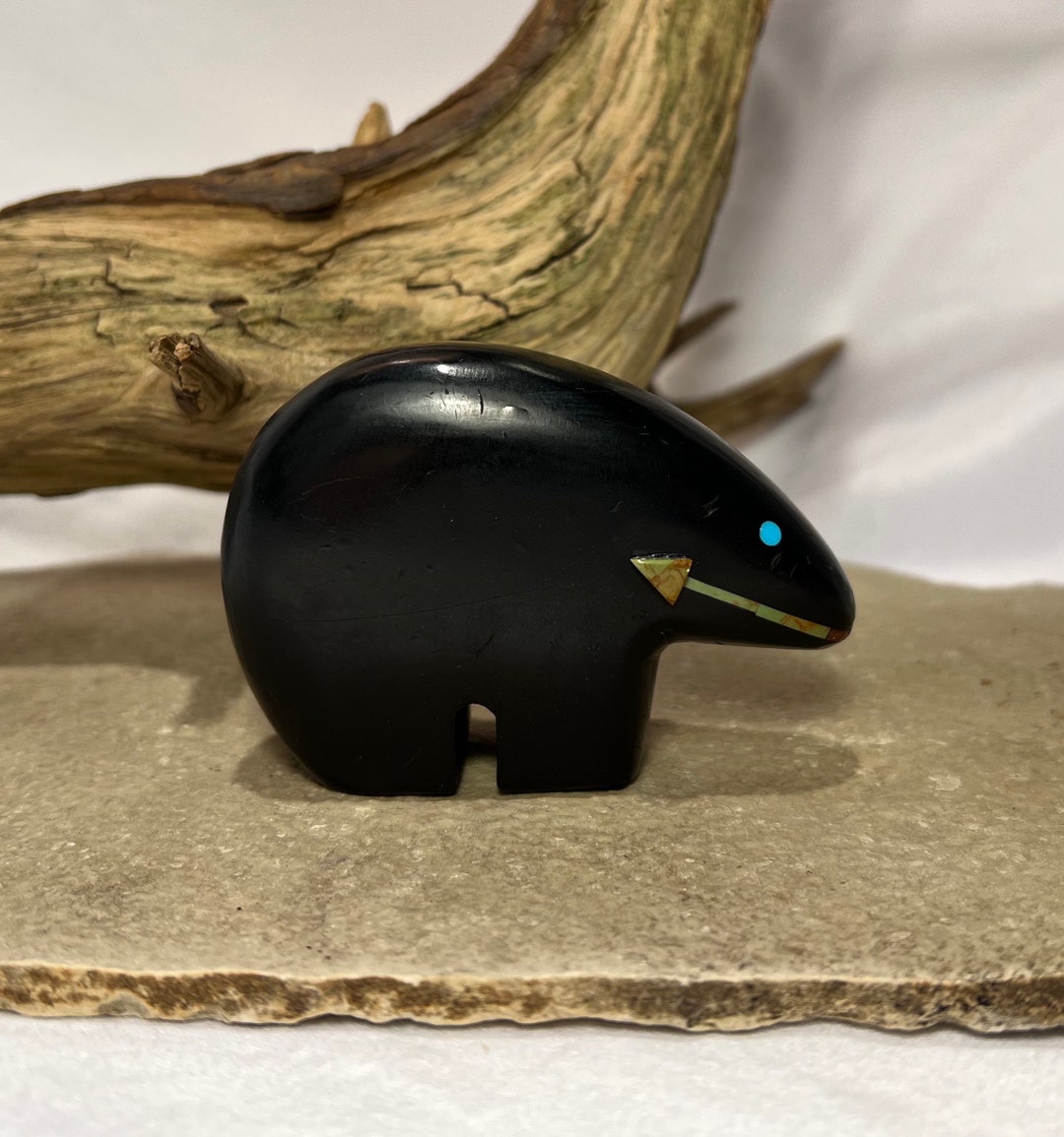 Zuni Black Jet Bear Fetish Carving With Turquoise and Jasper Inlay -HY ...