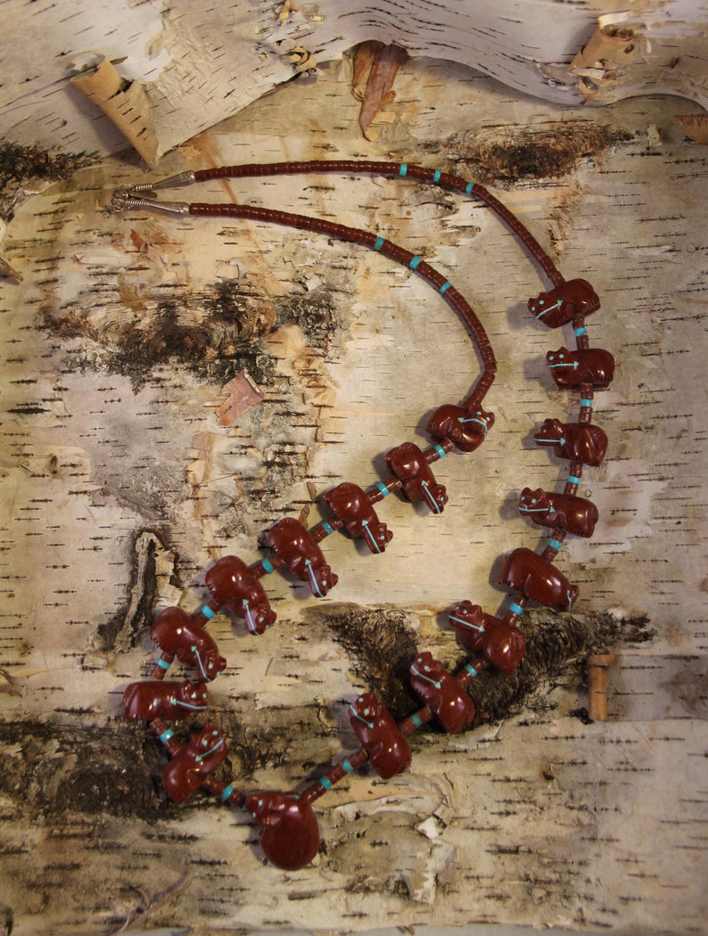 Zuni Pipestone & Turquoise Inlay Bear Fetish Necklace - Etsy