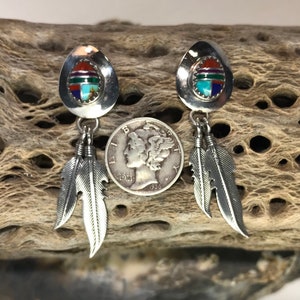 Southwest Native American Multi-stone Inlay and Feather Design Sterling ...