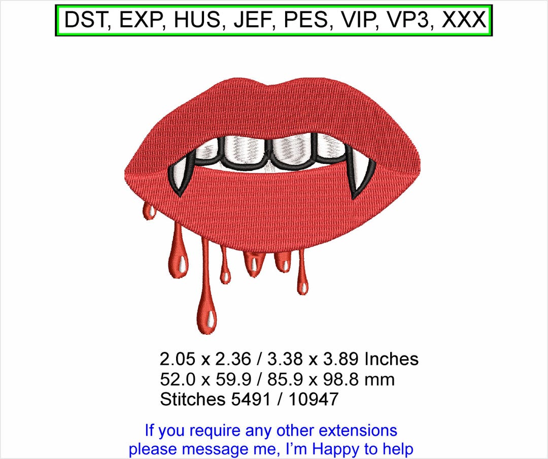 Vanessa Vampire Lips With Blood - Machine Embroidery Hoop Design - ITH ...