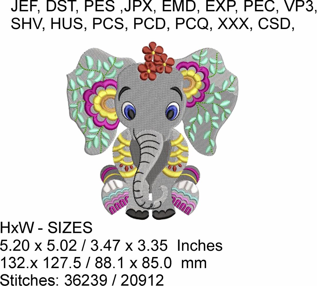Ellie the Elephant 2 Sizes 5.20 X 5.02 / 3.47 X 3.35 Inches Machine ...