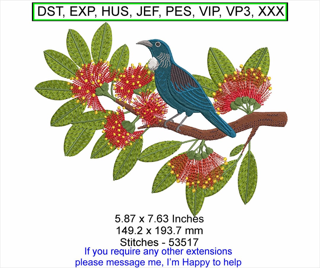 New Zealand Pohutakawa With Tui Machine Embroidery Hoop Design (instant ...