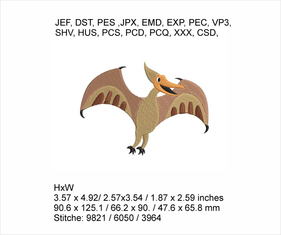 Peter the Pterodactyl Dinosaur - 3 Sizes 3.57 X 4.92/ 2.57x3.54 / 1.87 ...