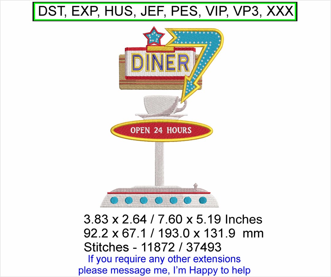 1950s Diner Sign Retro Cartoon Machine Embroidery Hoop Design - Digital ...