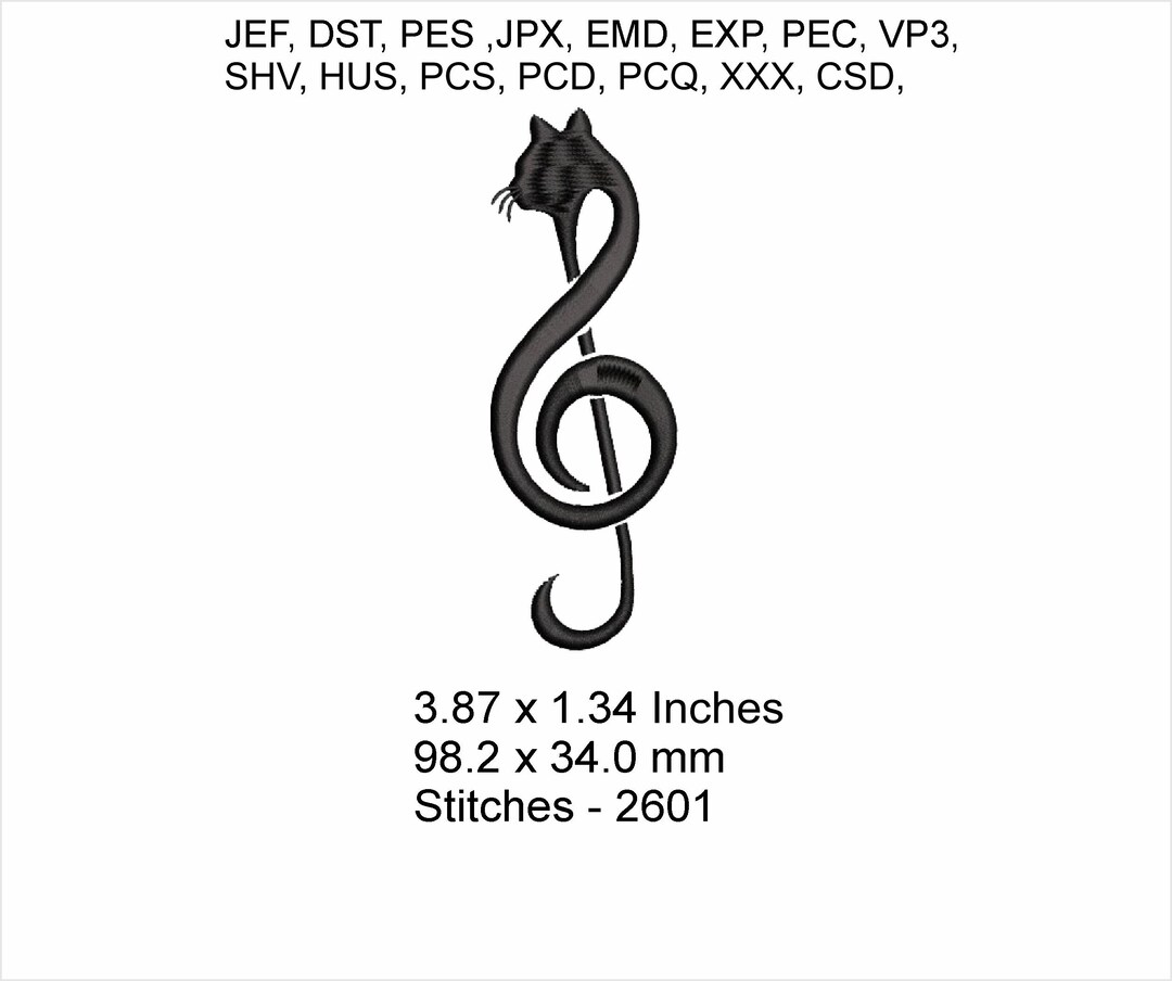 Treble Clef Cat - Size 3.87 X 1.35 Inches - Machine Embroidery Design ...