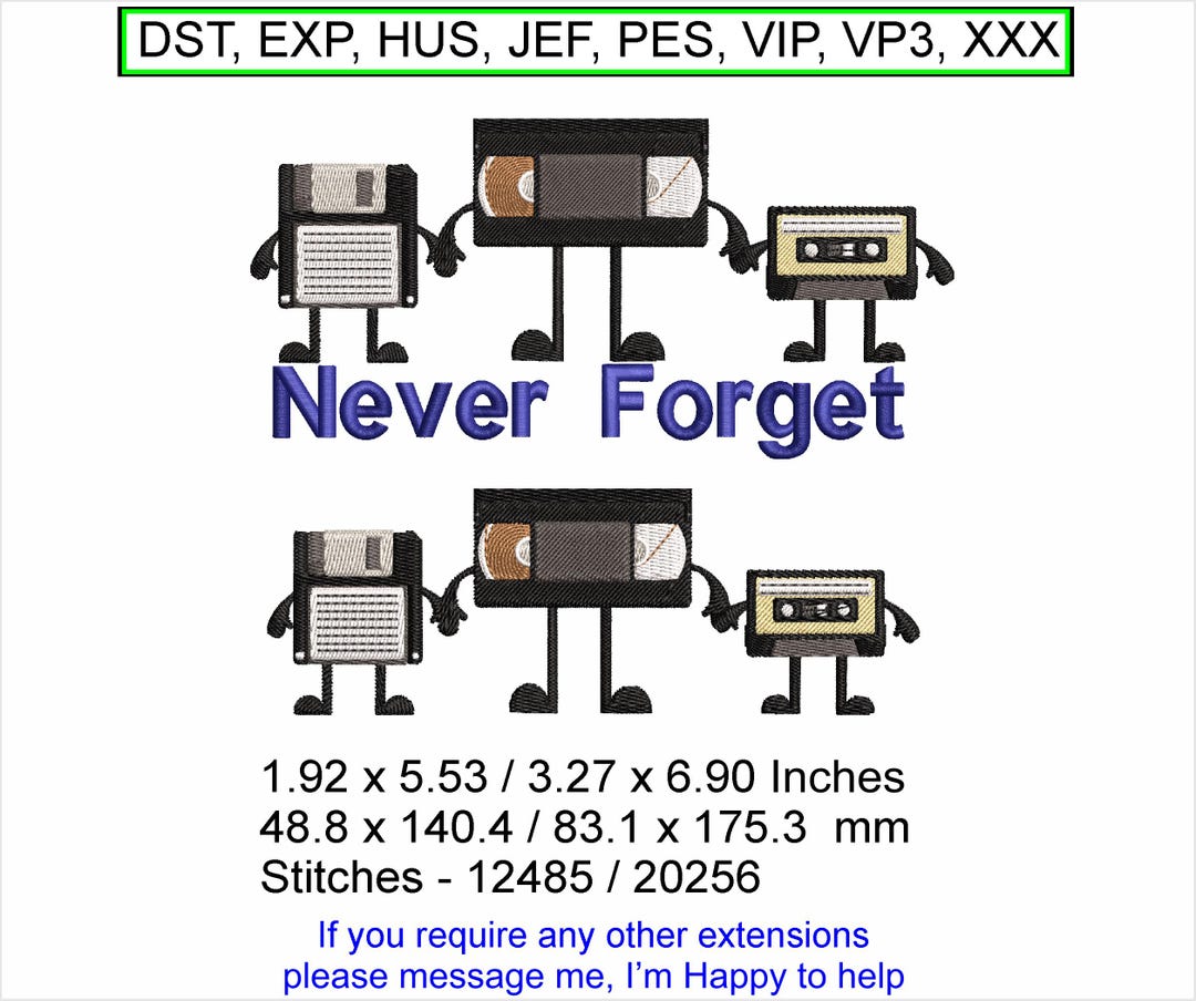 Never Forget Large - VHS – Floppy & Tape - Sizes 1.92 X 5.53 / 3.27 X 6 ...